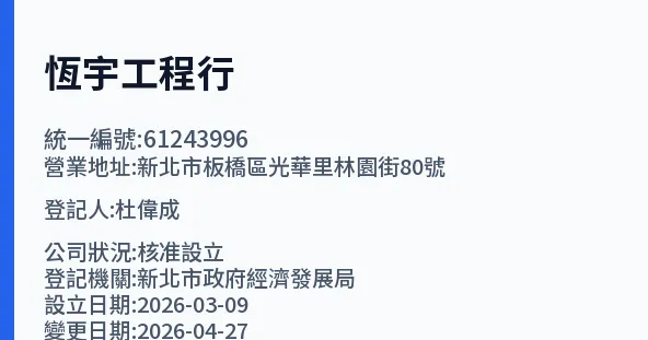 恆宇工程行的照片-統編 61243996(新北市) 公司登記資料與營業項目詳細圖表