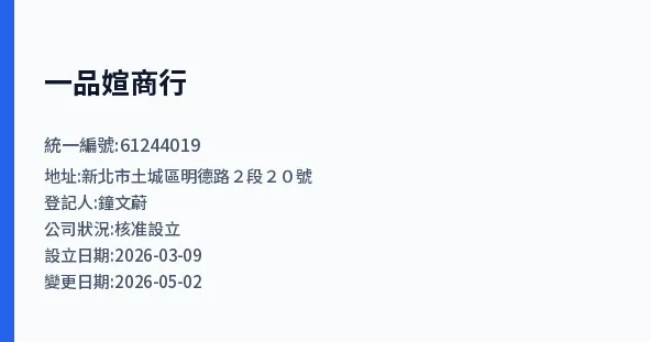 一品媗商行的照片-統編 61244019(新北市) 公司登記資料與營業項目詳細圖表