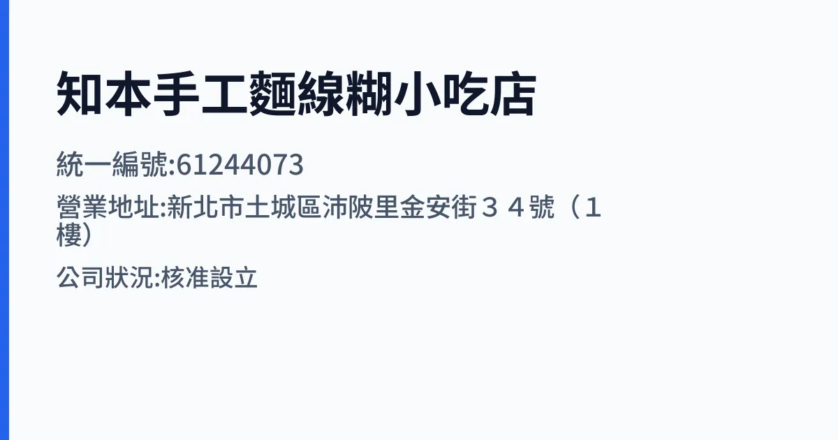 知本手工麵線糊小吃店 - 統編 61244073(新北市) 公司登記資料與營業項目詳細圖表