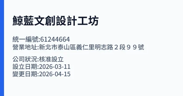 鯨藍文創設計工坊的照片-統編 61244664(新北市) 公司登記資料與營業項目詳細圖表