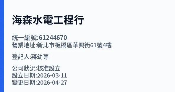海森水電工程行的照片-統編 61244670(新北市) 公司登記資料與營業項目詳細圖表