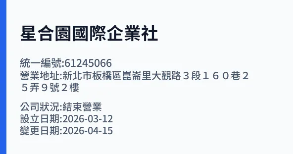 星合園國際企業社的照片-統編 61245066(新北市) 公司登記資料與營業項目詳細圖表