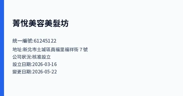 菁悅美容美髮坊的照片-統編 61245122(新北市) 公司登記資料與營業項目詳細圖表