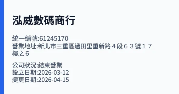 泓威數碼商行的照片-統編 61245170(新北市) 公司登記資料與營業項目詳細圖表