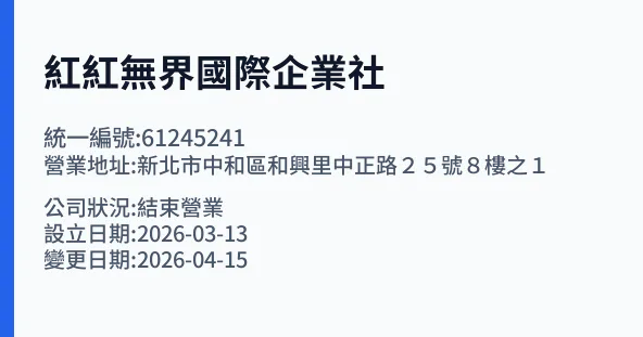 紅紅無界國際企業社的照片-統編 61245241(新北市) 公司登記資料與營業項目詳細圖表