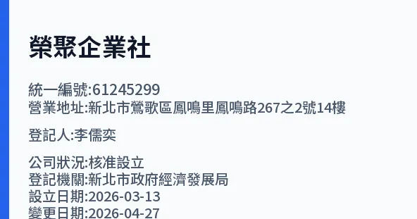 榮聚企業社的照片-統編 61245299(新北市) 公司登記資料與營業項目詳細圖表