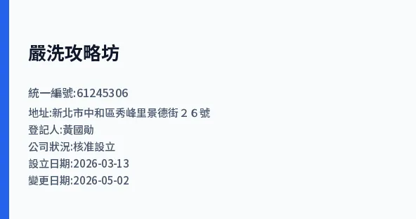 嚴洗攻略坊的照片-統編 61245306(新北市) 公司登記資料與營業項目詳細圖表