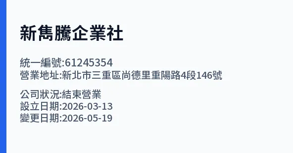 新雋騰企業社的照片-統編 61245354(新北市) 公司登記資料與營業項目詳細圖表
