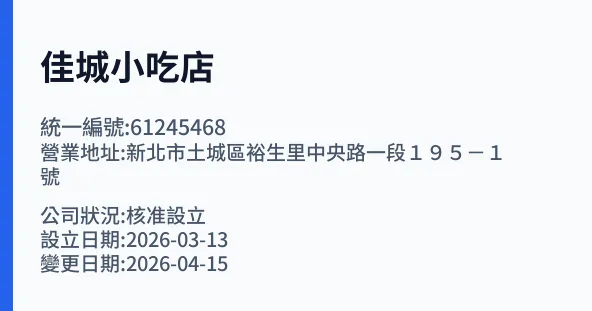 佳城小吃店的照片-統編 61245468(新北市) 公司登記資料與營業項目詳細圖表