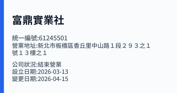 富鼎實業社的照片-統編 61245501(新北市) 公司登記資料與營業項目詳細圖表