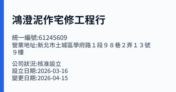 鴻澄泥作宅修工程行的照片-統編 61245609(新北市) 公司登記資料與營業項目詳細圖表
