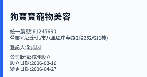 狗寶寶寵物美容的照片-統編 61245690(新北市) 公司登記資料與營業項目詳細圖表