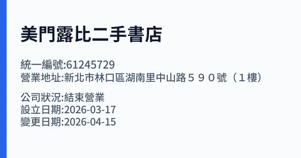 美門露比二手書店的照片-統編 61245729(新北市) 公司登記資料與營業項目詳細圖表