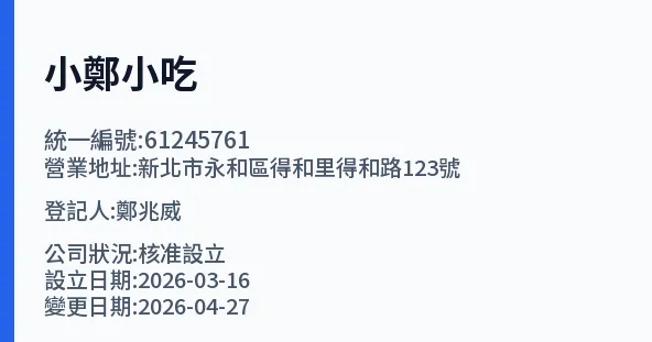 小鄭小吃的照片-統編 61245761(新北市) 公司登記資料與營業項目詳細圖表