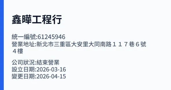 鑫曄工程行的照片-統編 61245946(新北市) 公司登記資料與營業項目詳細圖表
