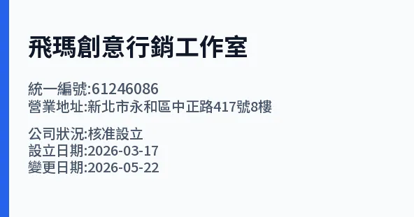 飛瑪創意行銷工作室的照片-統編 61246086 公司登記資料與營業項目詳細圖表