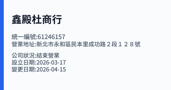 鑫殿杜商行的照片-統編 61246157(新北市) 公司登記資料與營業項目詳細圖表