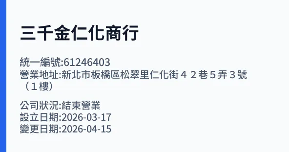 三千金仁化商行的照片-統編 61246403(新北市) 公司登記資料與營業項目詳細圖表