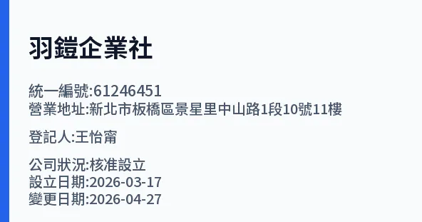 羽鎧企業社的照片-統編 61246451(新北市) 公司登記資料與營業項目詳細圖表