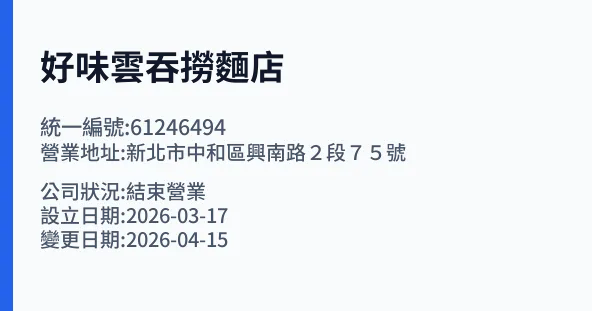 好味雲吞撈麵店的照片-統編 61246494(新北市) 公司登記資料與營業項目詳細圖表