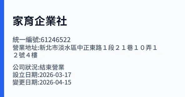 家育企業社的照片-統編 61246522(新北市) 公司登記資料與營業項目詳細圖表