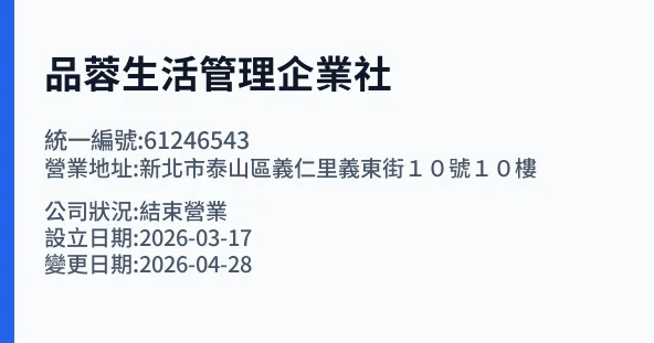 品蓉生活管理企業社的照片-統編 61246543(新北市) 公司登記資料與營業項目詳細圖表