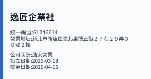 逸匠企業社的照片-統編 61246614(新北市) 公司登記資料與營業項目詳細圖表