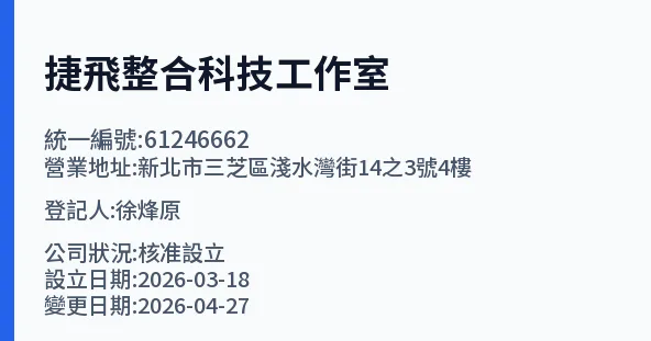 捷飛整合科技工作室的照片-統編 61246662(新北市) 公司登記資料與營業項目詳細圖表