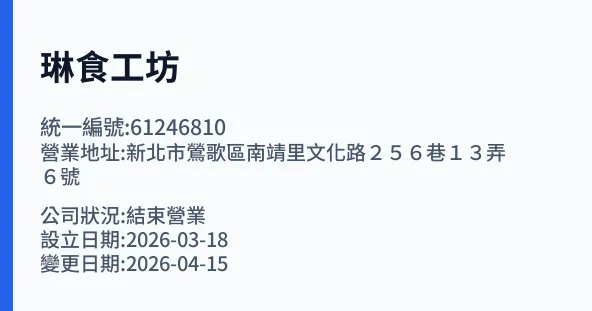琳食工坊的照片-統編 61246810(新北市) 公司登記資料與營業項目詳細圖表