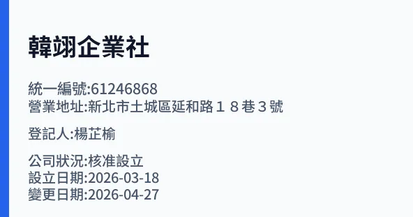 韓翊企業社的照片-統編 61246868(新北市) 公司登記資料與營業項目詳細圖表