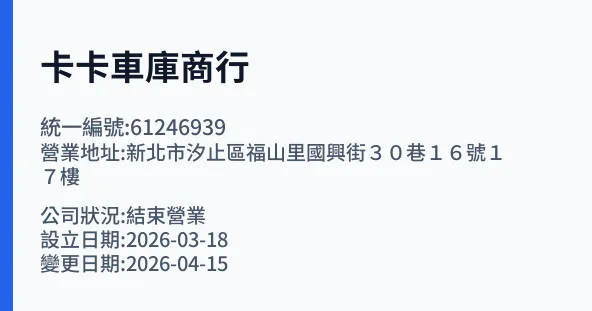 卡卡車庫商行的照片-統編 61246939(新北市) 公司登記資料與營業項目詳細圖表