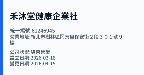 禾沐堂健康企業社的照片-統編 61246945(新北市) 公司登記資料與營業項目詳細圖表