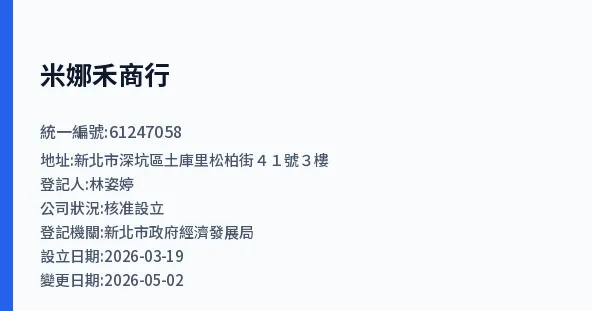 米娜禾商行的照片-統編 61247058(新北市) 公司登記資料與營業項目詳細圖表
