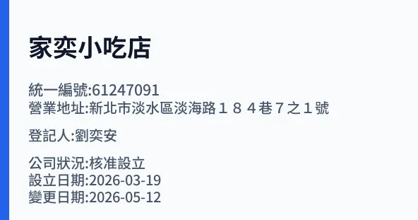 家奕小吃店的照片-統編 61247091(新北市) 公司登記資料與營業項目詳細圖表