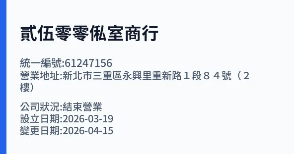 貳伍零零俬室商行的照片-統編 61247156(新北市) 公司登記資料與營業項目詳細圖表