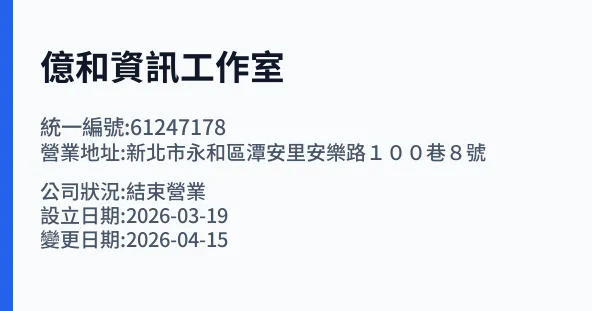 億和資訊工作室的照片-統編 61247178(新北市) 公司登記資料與營業項目詳細圖表