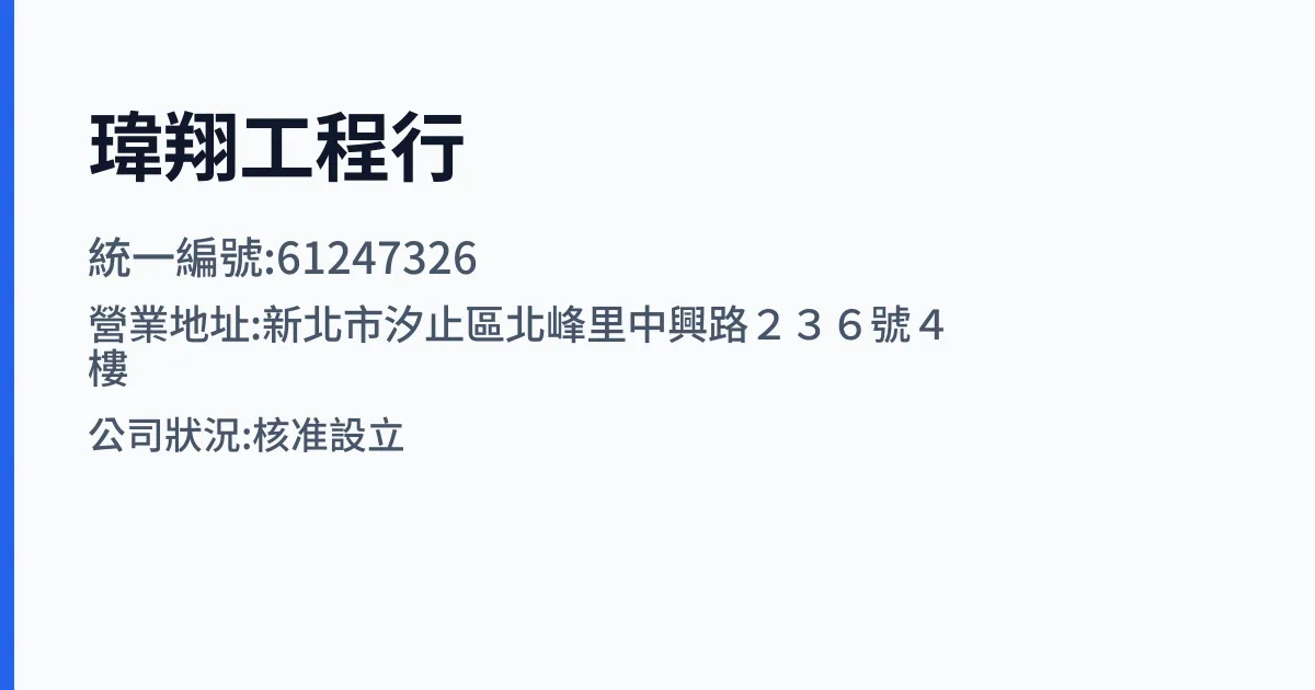 瑋翔工程行 - 統編 61247326(新北市) 公司登記資料與營業項目詳細圖表