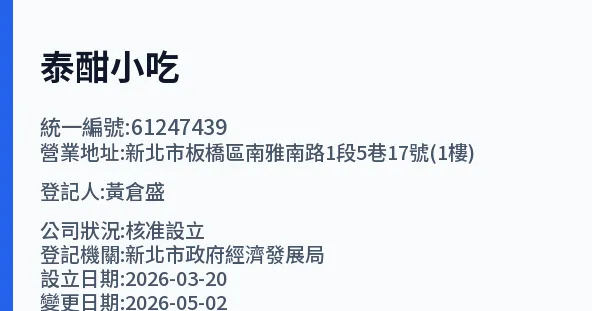 泰酣小吃的照片-統編 61247439(新北市) 公司登記資料與營業項目詳細圖表