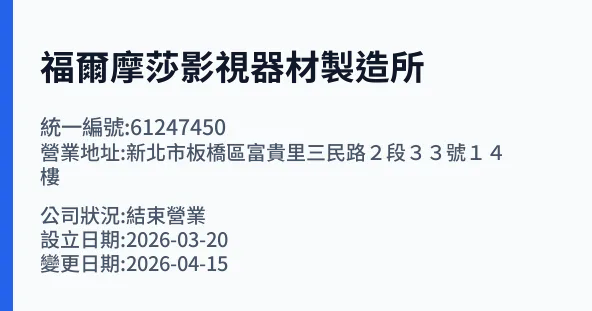 福爾摩莎影視器材製造所的照片-統編 61247450(新北市) 公司登記資料與營業項目詳細圖表