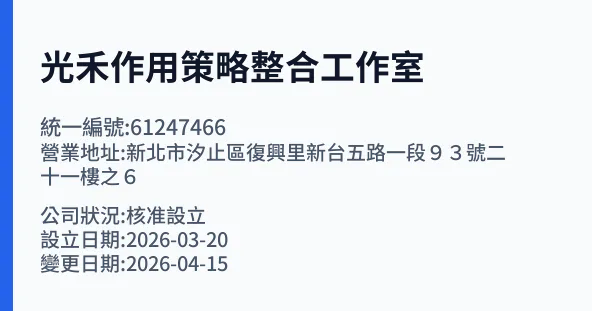 光禾作用策略整合工作室的照片-統編 61247466(新北市) 公司登記資料與營業項目詳細圖表