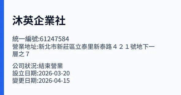 沐英企業社的照片-統編 61247584(新北市) 公司登記資料與營業項目詳細圖表
