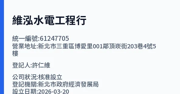 維泓水電工程行的照片-統編 61247705(新北市) 公司登記資料與營業項目詳細圖表