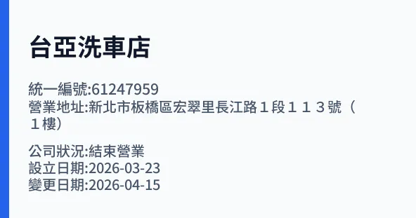 台亞洗車店的照片-統編 61247959(新北市) 公司登記資料與營業項目詳細圖表