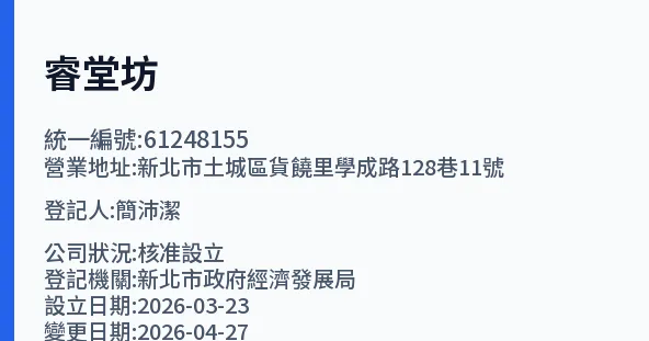 睿堂坊的照片-統編 61248155(新北市) 公司登記資料與營業項目詳細圖表
