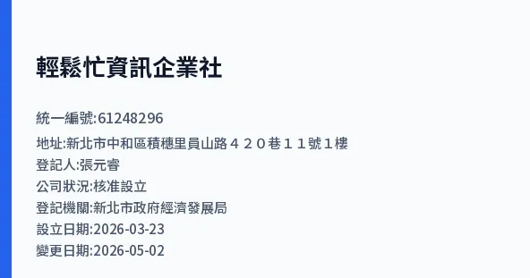 輕鬆忙資訊企業社的照片-統編 61248296(新北市) 公司登記資料與營業項目詳細圖表