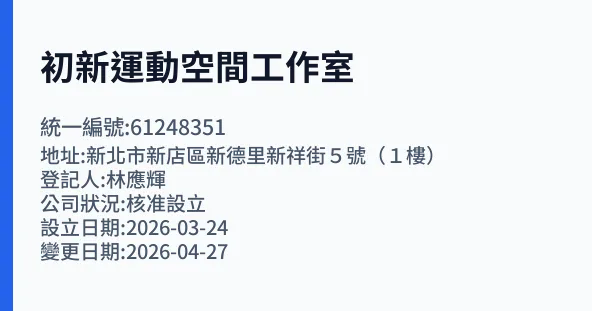 初新運動空間工作室的照片-統編 61248351(新北市) 公司登記資料與營業項目詳細圖表