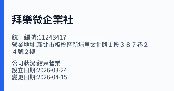 拜樂微企業社的照片-統編 61248417(新北市) 公司登記資料與營業項目詳細圖表