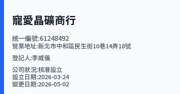 寵愛晶礦商行的照片-統編 61248492(新北市) 公司登記資料與營業項目詳細圖表