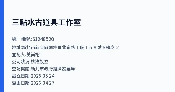 三點水古道具工作室的照片-統編 61248520(新北市) 公司登記資料與營業項目詳細圖表