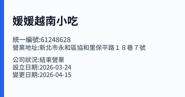 媛媛越南小吃的照片-統編 61248628(新北市) 公司登記資料與營業項目詳細圖表